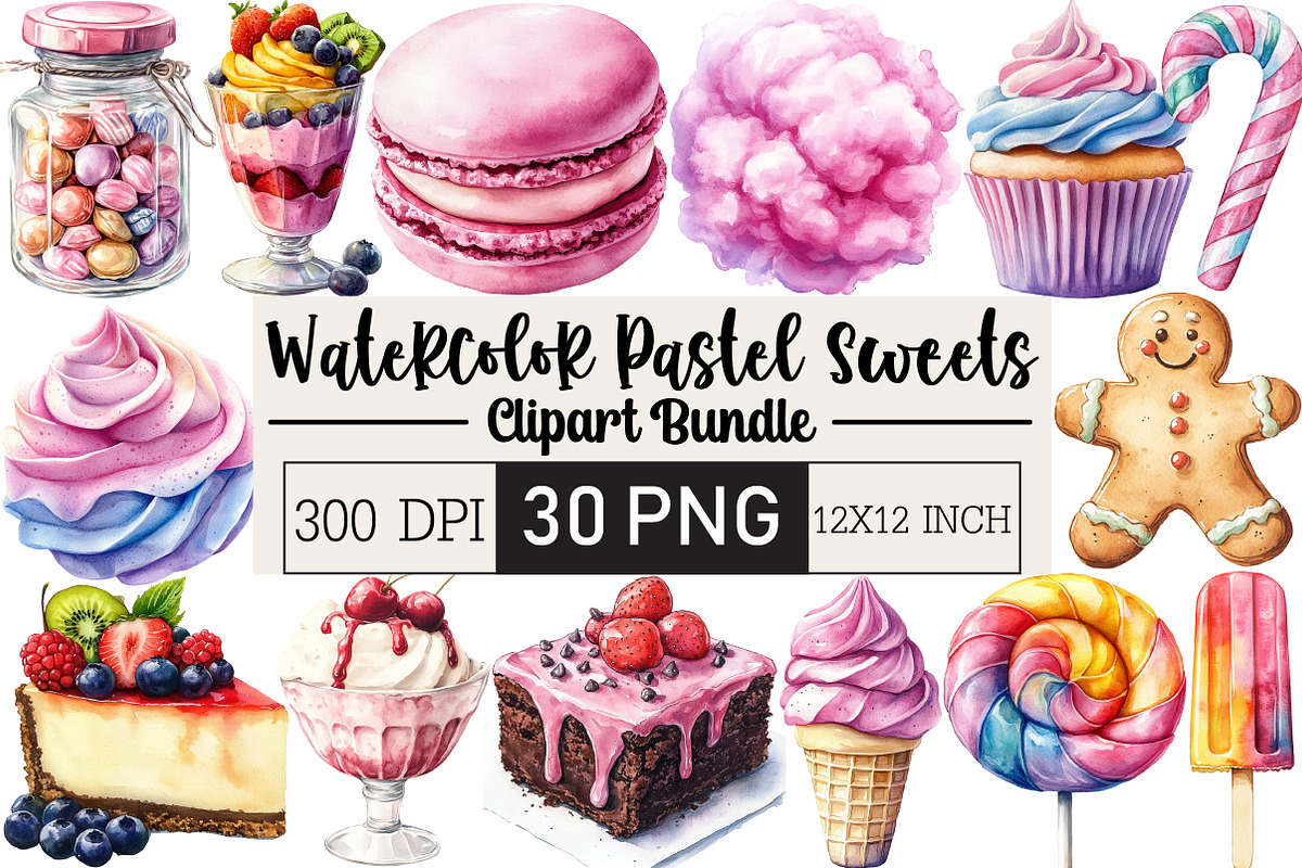 Watercolor Pastel Sweets Clipart, an Illustration by Black Bird Studio