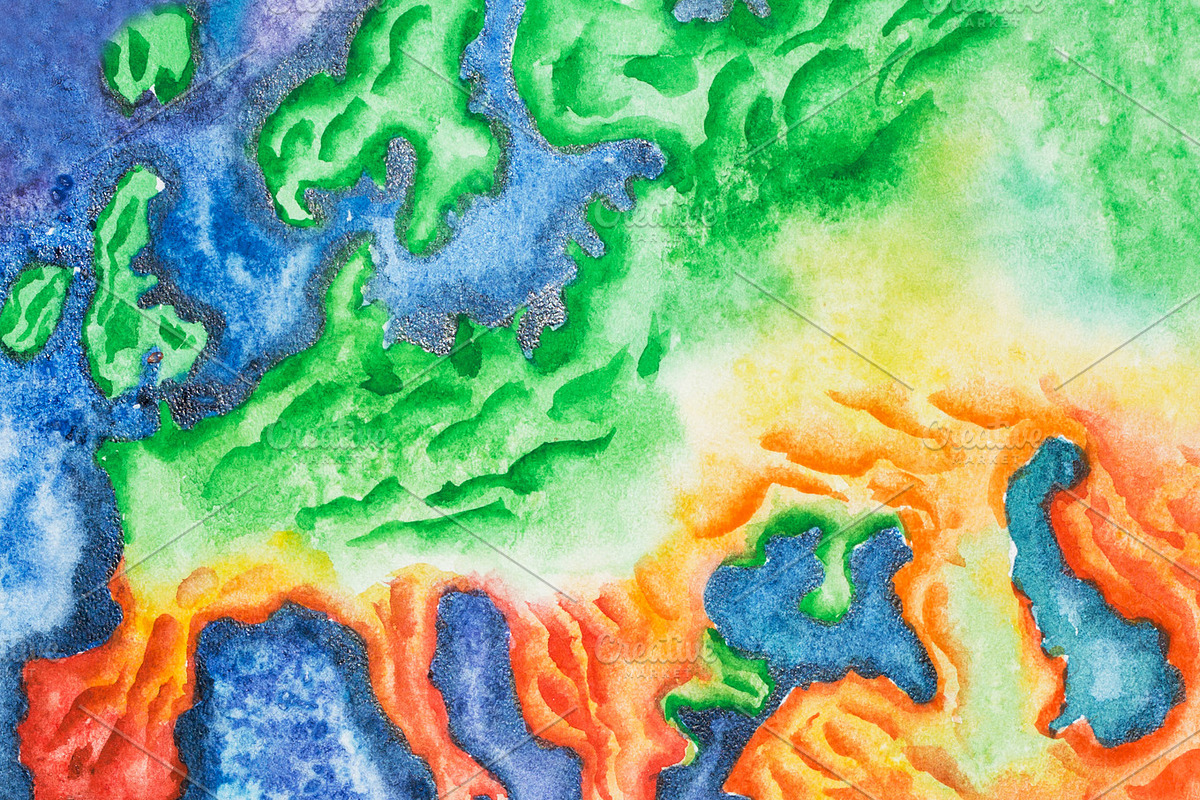 Hand-drawn watercolor illustration of topographic map of Europe. View ...