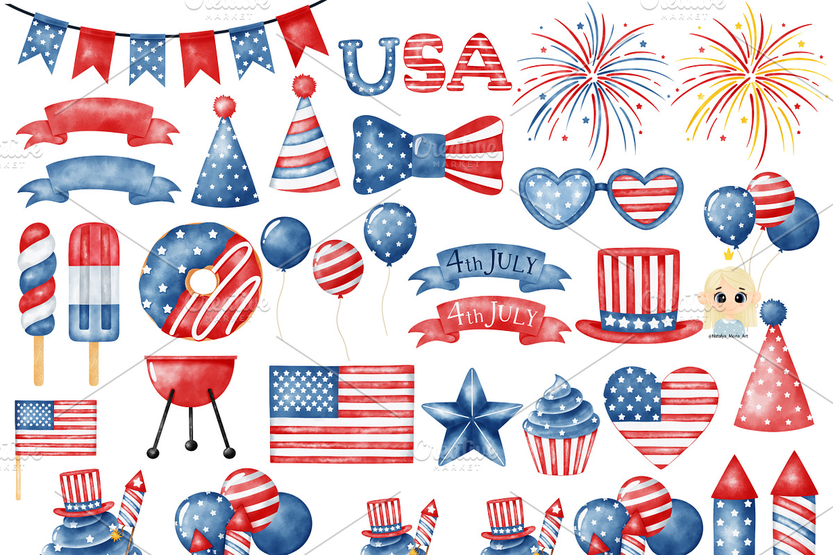 4th of July watercolor clipart, a Decorative Illustration by Natalya ...