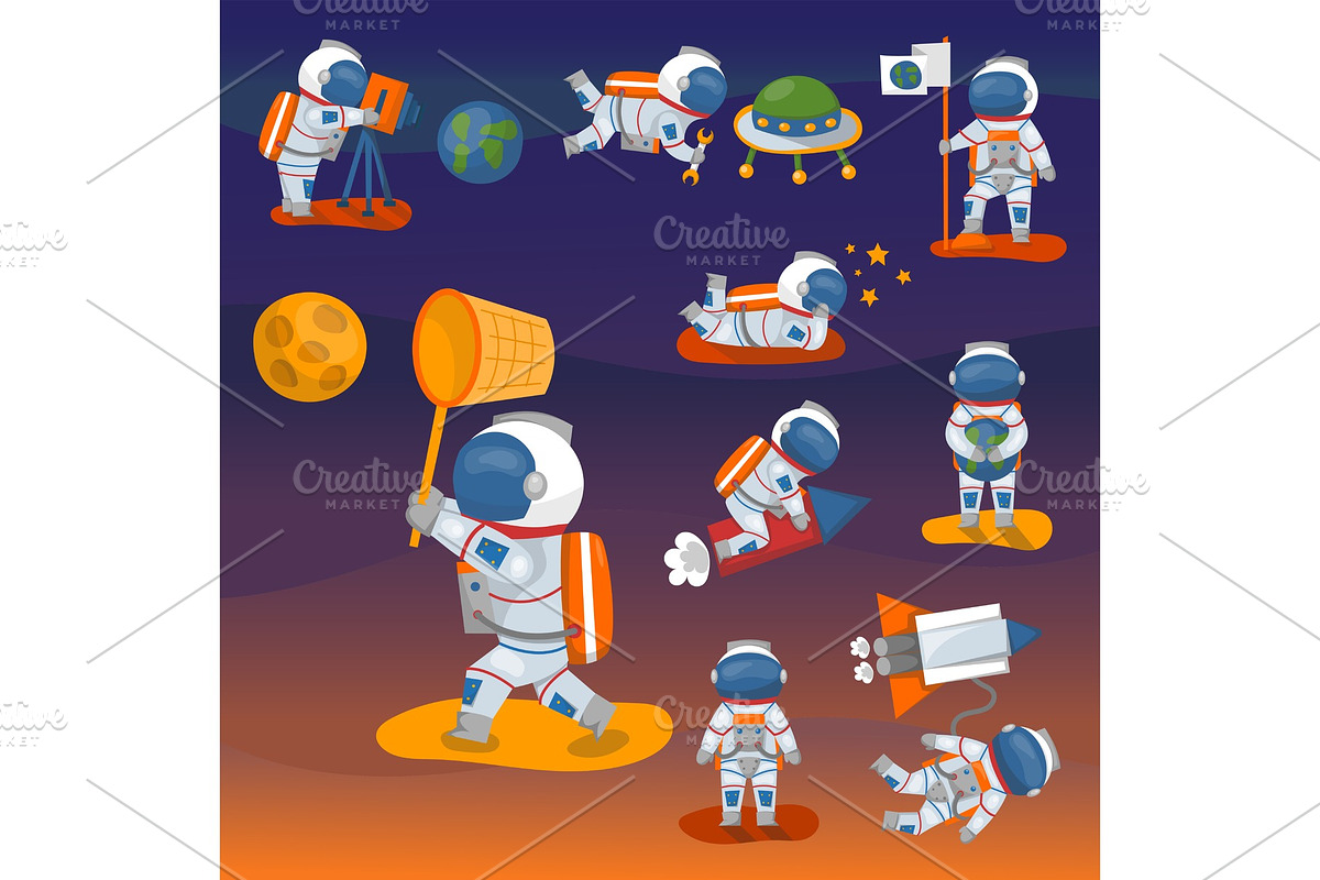 Vector astronauts in space, working character and having fun spaceman ...