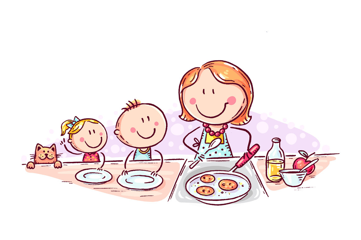 Cartoon mom & kids cooking pancakes | Food Illustrations ~ Creative Market