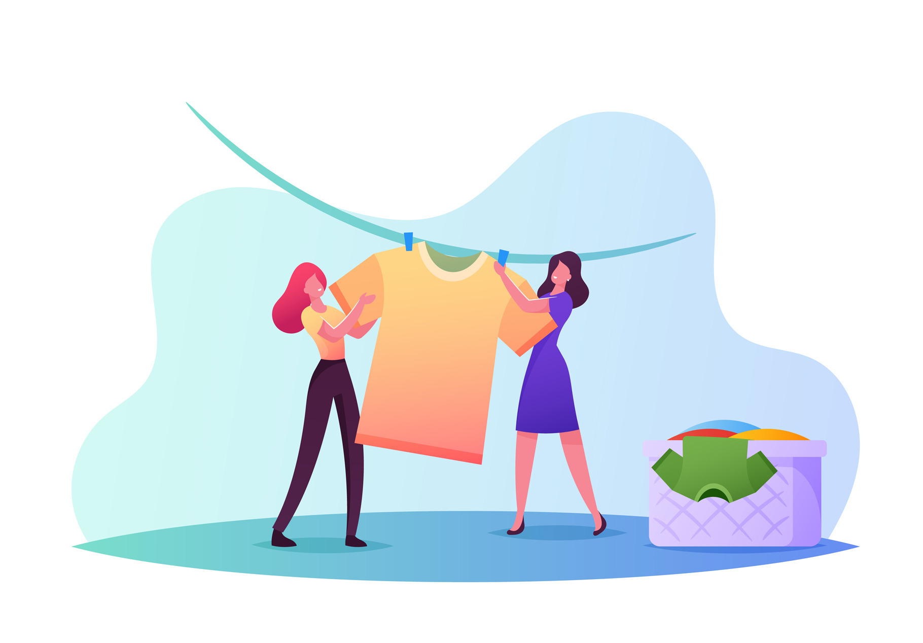 Tiny Female Characters Drying Wet, an Illustration by Double Bubble