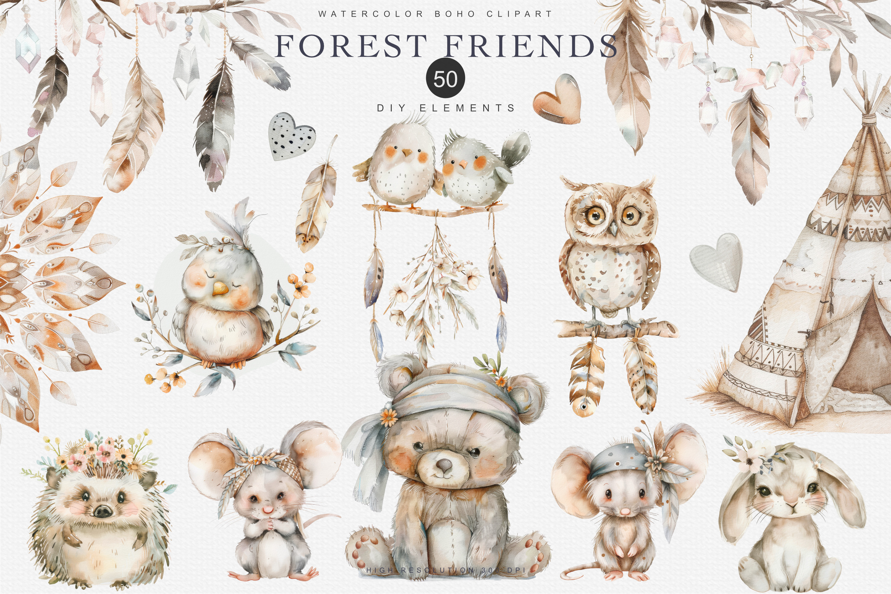 woodland boho animal clipart set