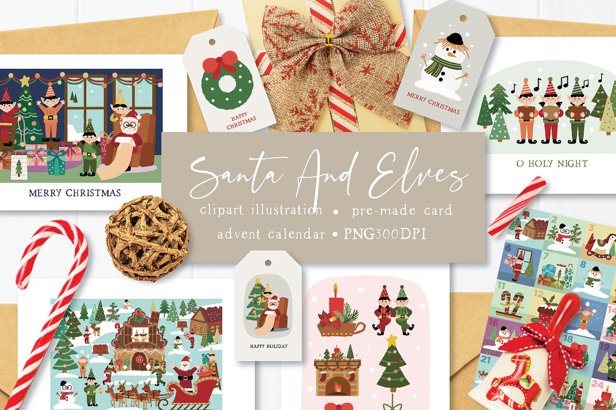 Santa and Elves Clipart Illustration, an Illustration by caocastudio