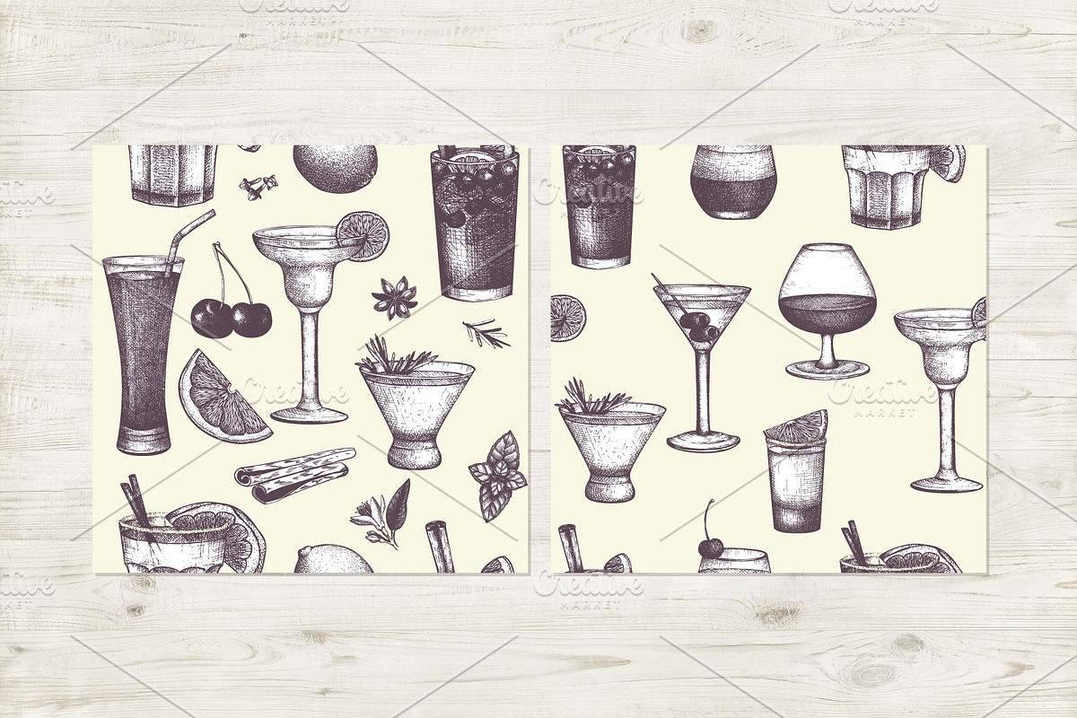 6 Seamless Alcoholic Drinks Patterns, a Pattern Graphic by Yevheniia