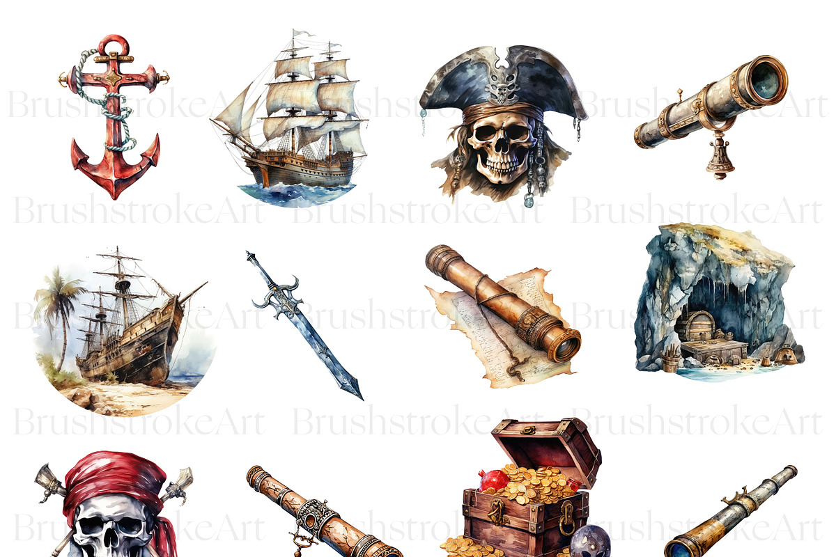 Watercolor Pirates Clipart, Ship, Map