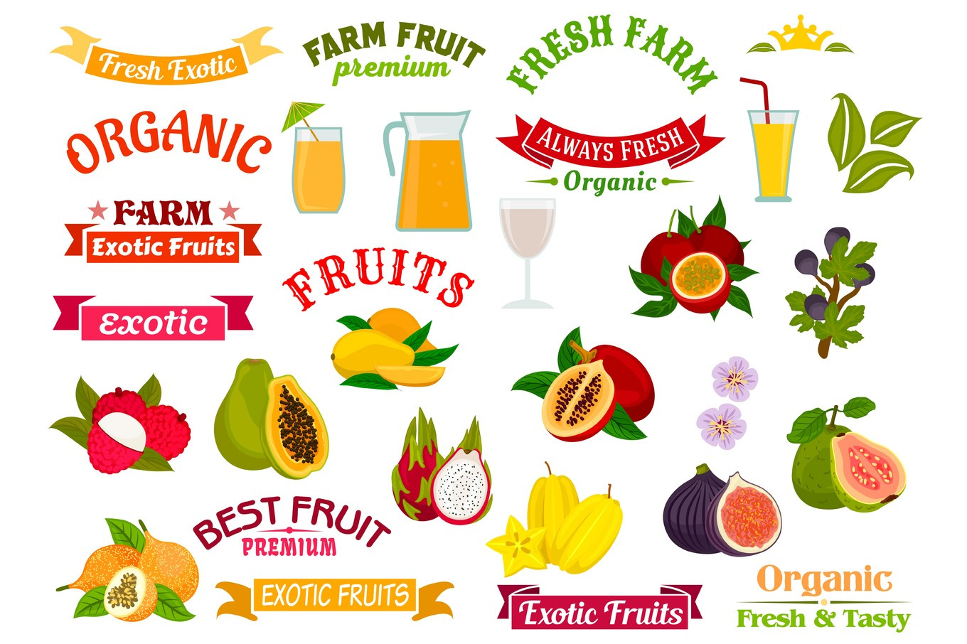 Fruit juice signs. Juicy fresh fruits icons set, a Food Illustration by ...