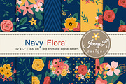 Navy Blue Flower Digital Paper, a Pattern Graphic by JennyL Designs