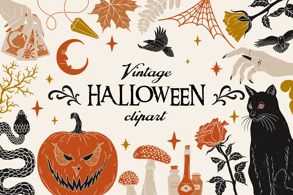 Vintage Halloween Clipart, a Decorative Illustration by ElenKoss