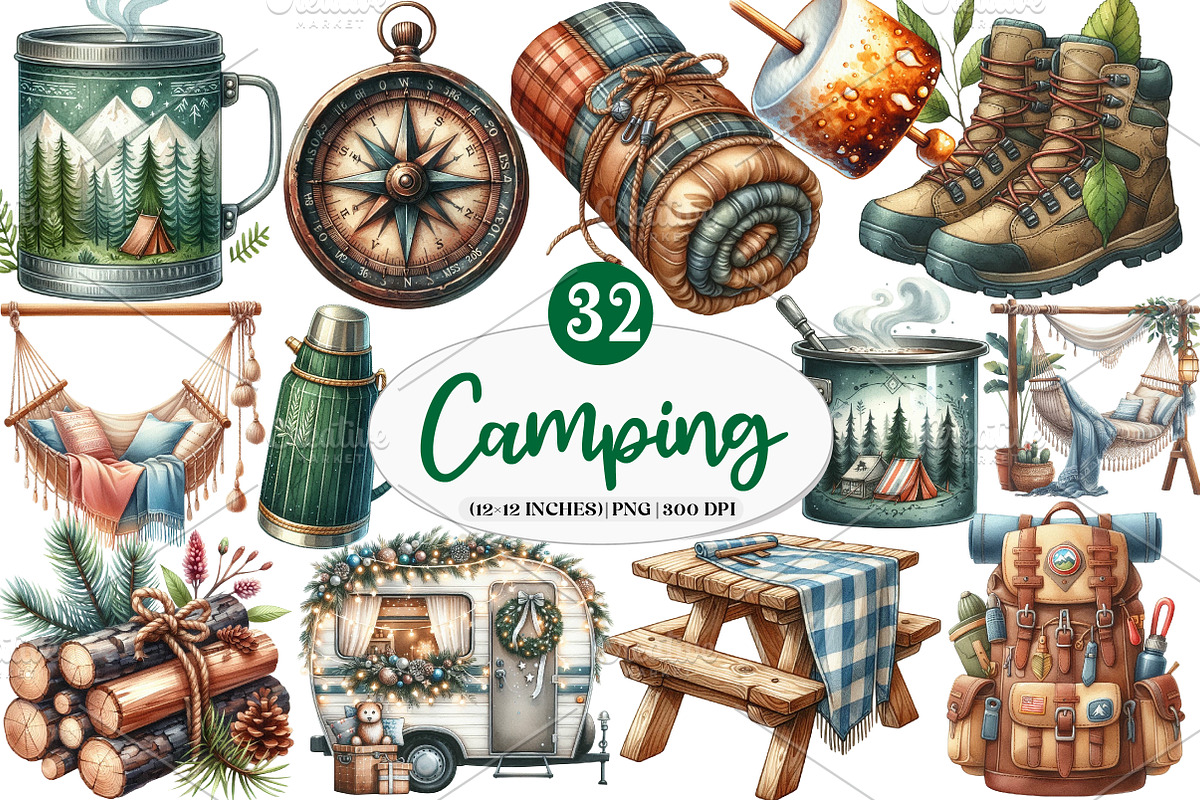 Camping Sublimation Clipart, an Illustration by Watercolor design