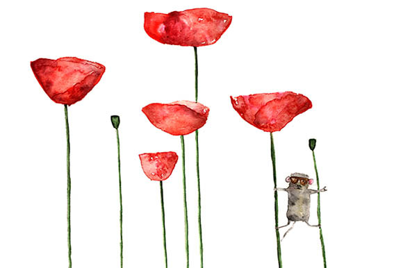 Little mouse loves poppies, an Illustration by Katerina Tova