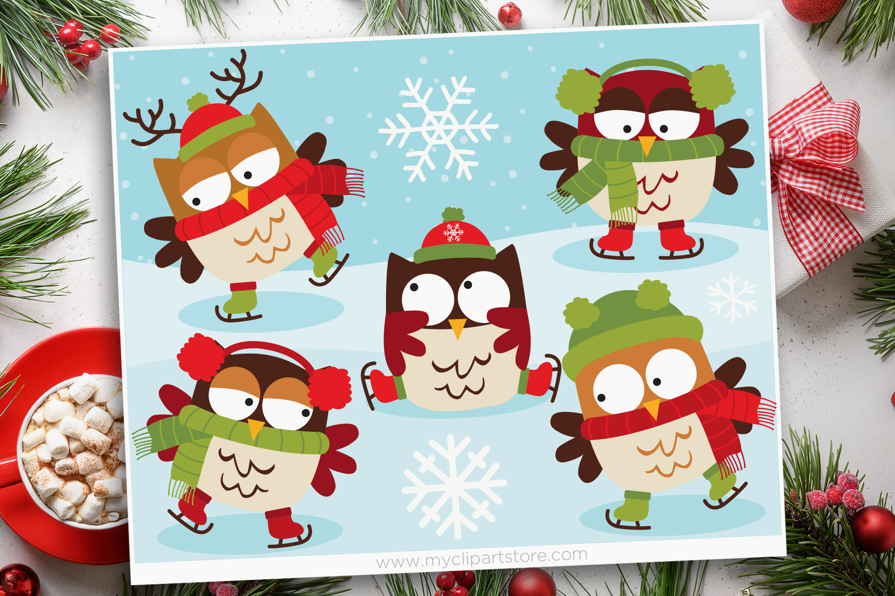 Owls on Skates, Christmas Clipart, a Seasonal Illustration by ...