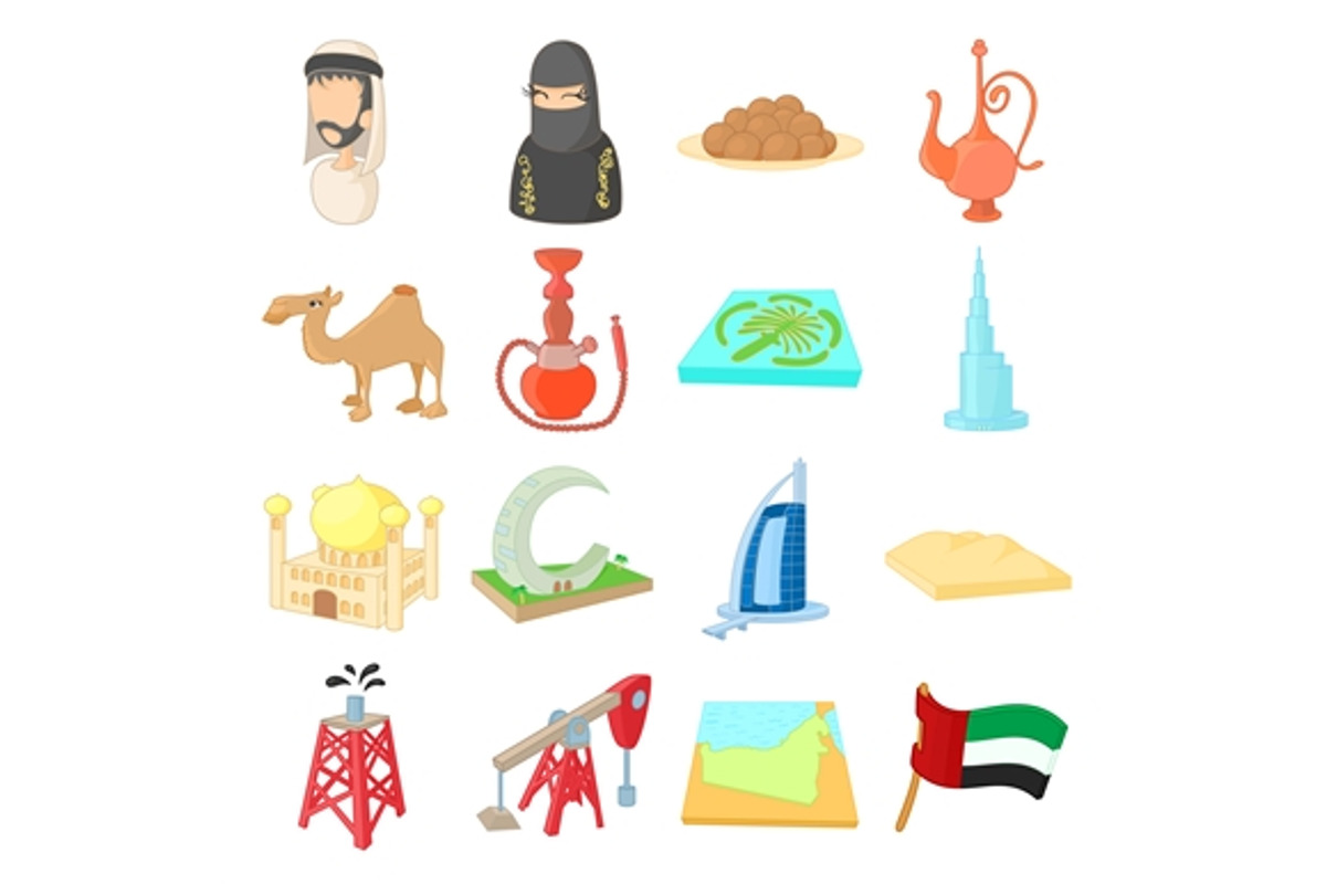 UAE icons set, cartoon style, an Icon by Ylivdesign
