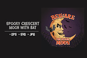 Spooky Crescent Moon with Bat, a Seasonal Illustration by Oshin Design