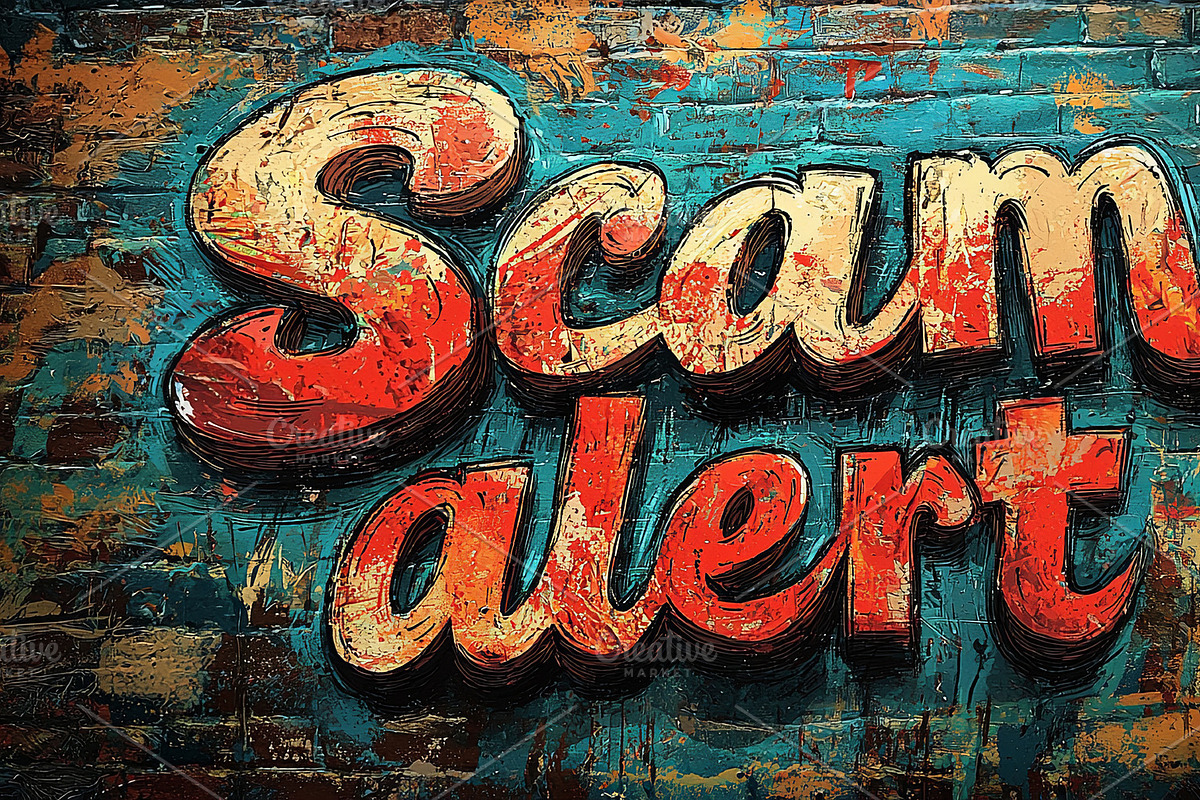 Vibrant scam alert graffiti with bold lettering on wall, an ...