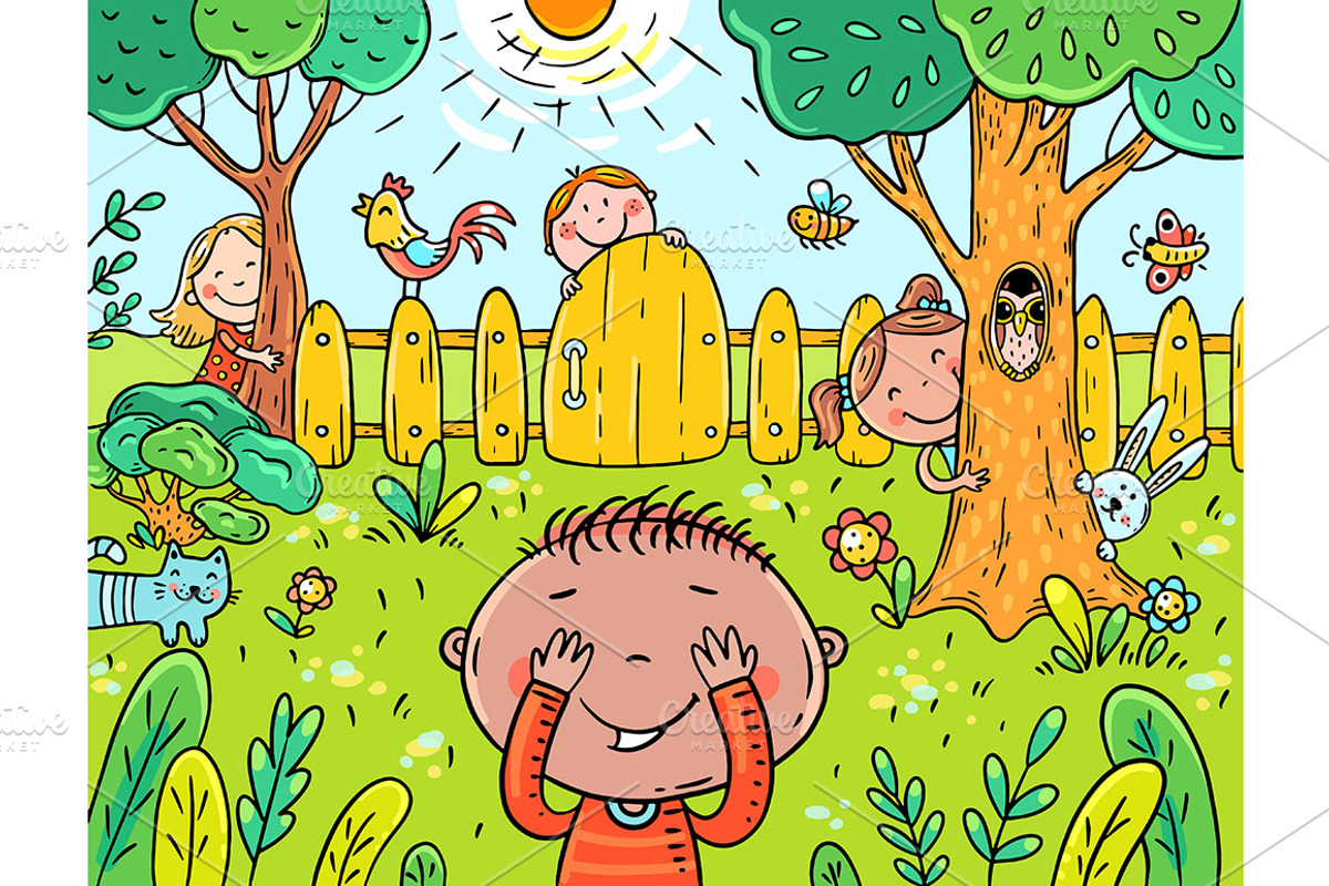 Cartoon kids playing hide and seek, a Person Illustration by Bubert Art