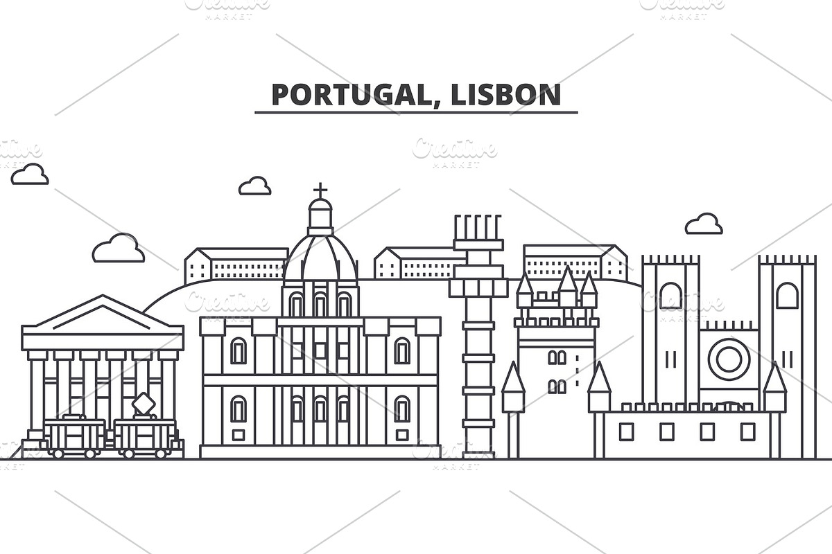 Portugal, Lisbon architecture line skyline illustration. Linear vector ...