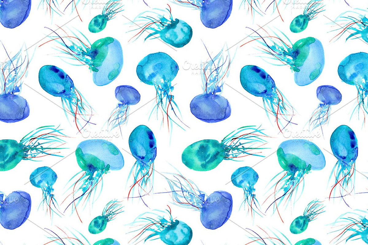 Watercolor jellyfish pattern, a Pattern Graphic by Katerina Tova