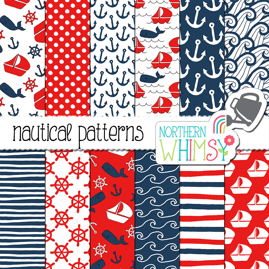 Navy & Red Nautical Patterns, a Pattern Graphic by Northern Whimsy Design