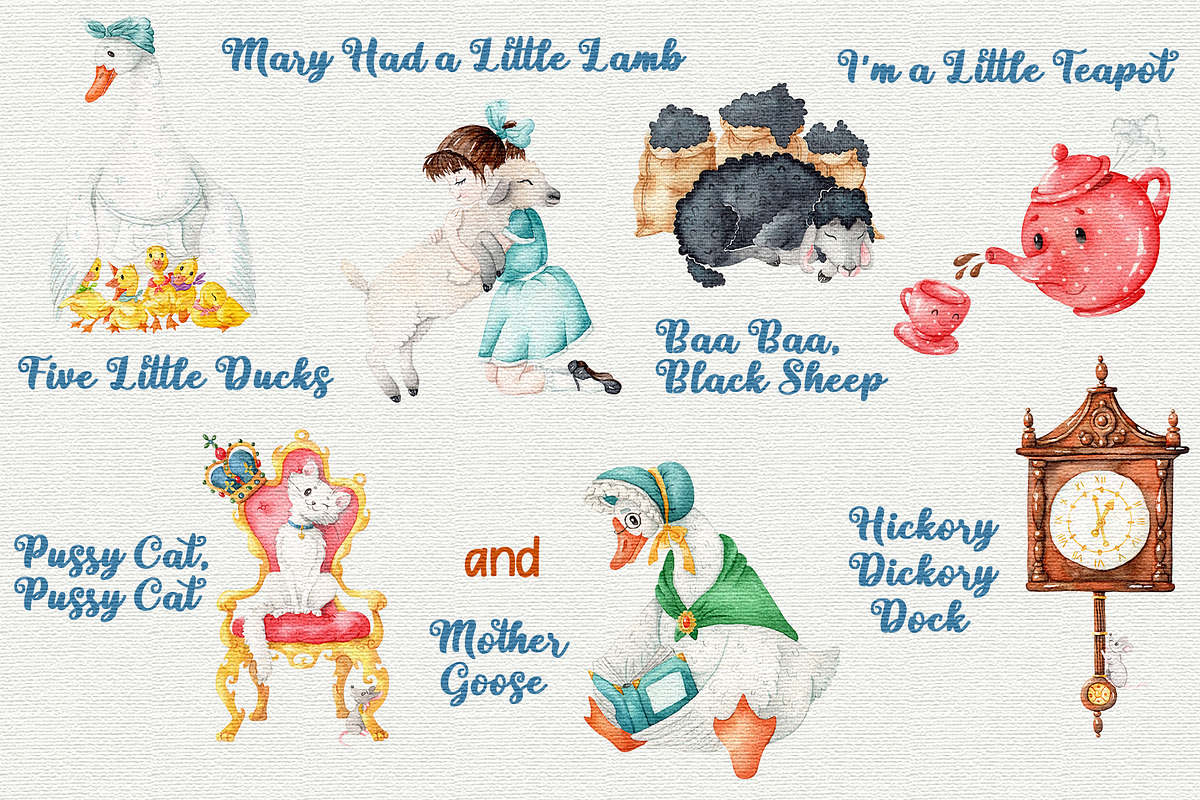 Nursery rhymes watercolor clipart, an Object Graphic by Trinibis