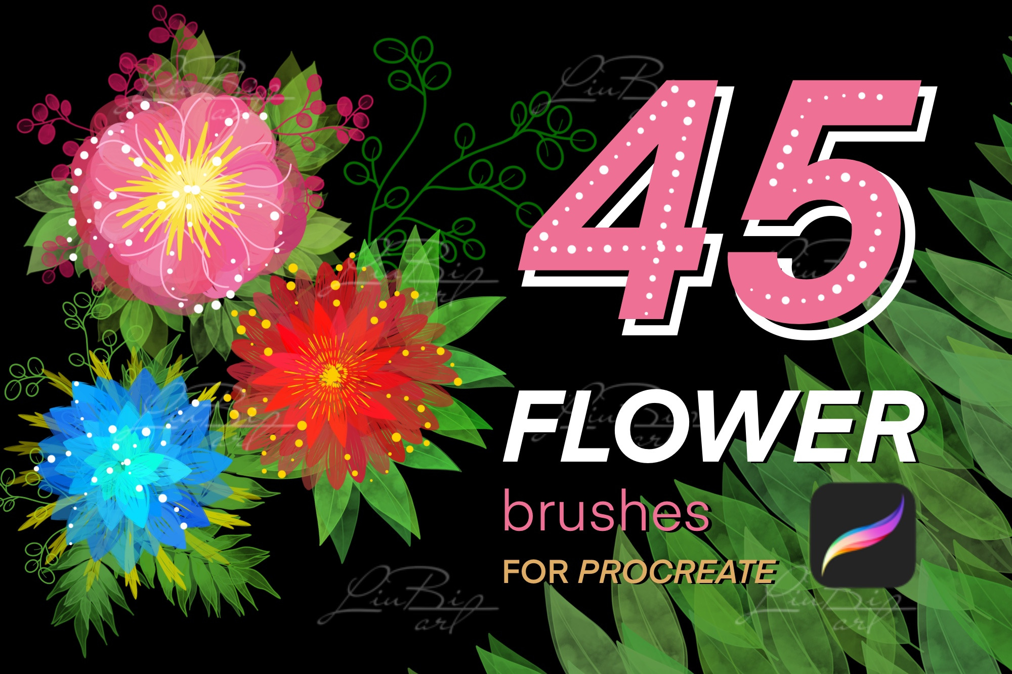 45 Flower Brushes Set for Procreate, a Brush Add-On by LiuBi Art