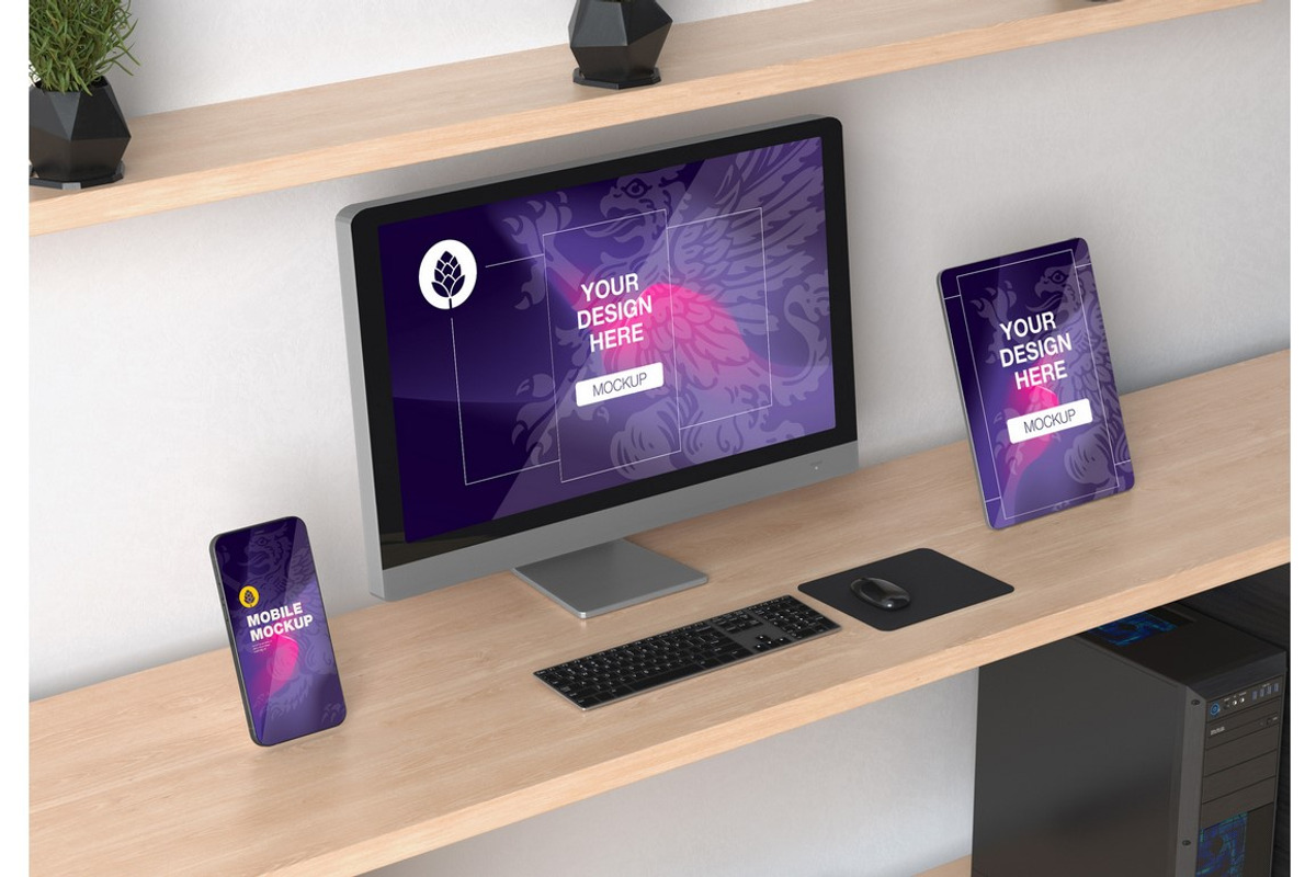 Desktop Computer Scene Mockup, a Product Mockup by OneVectorStock ...