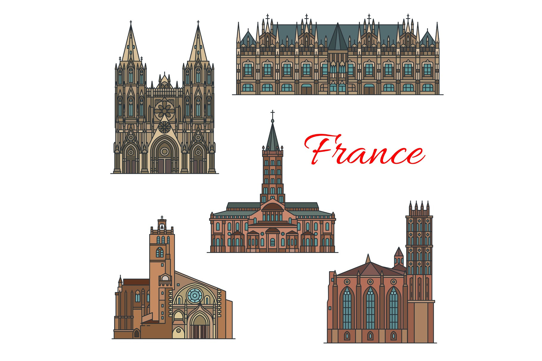France famous travel landmarks vector icons, an Illustration by Vector ...