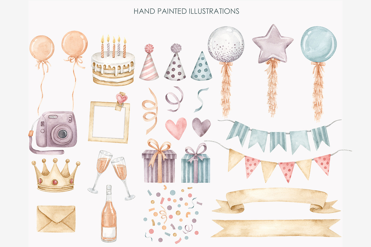 Watercolor Birthday Party Clipart | Creative Market