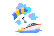 Parasailing water extreme sports backgrounds, isolated design elements ...