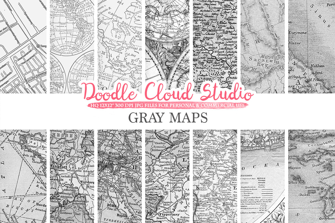 Gray Maps digital paper, a Pattern Graphic by Doodle Cloud Studio