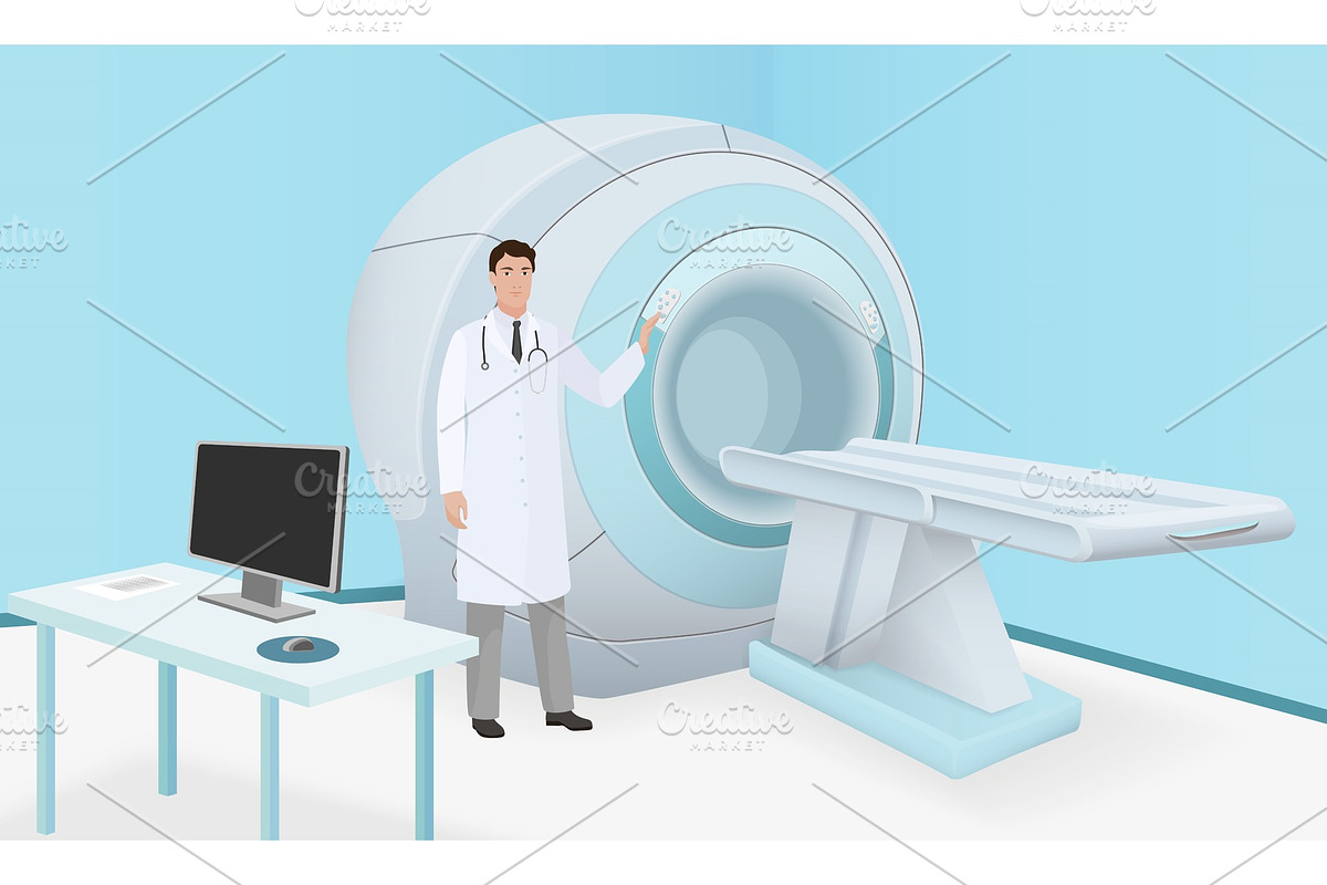 Doctor invites to MRI machine, a Healthcare Illustration by Lemberg Vector