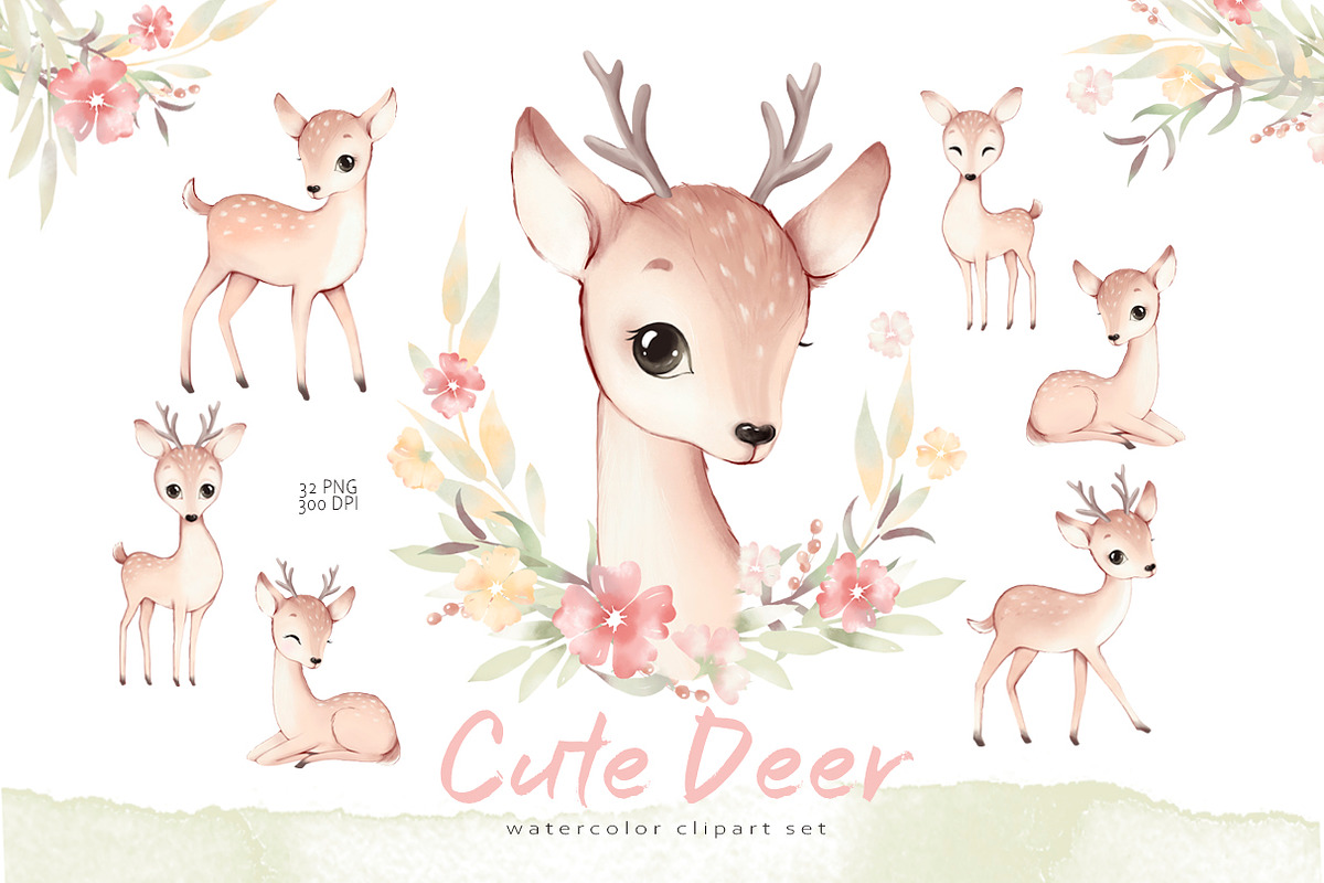 Watercolor Baby Deer Clipart, an Animal Illustration by StudioBeeArt