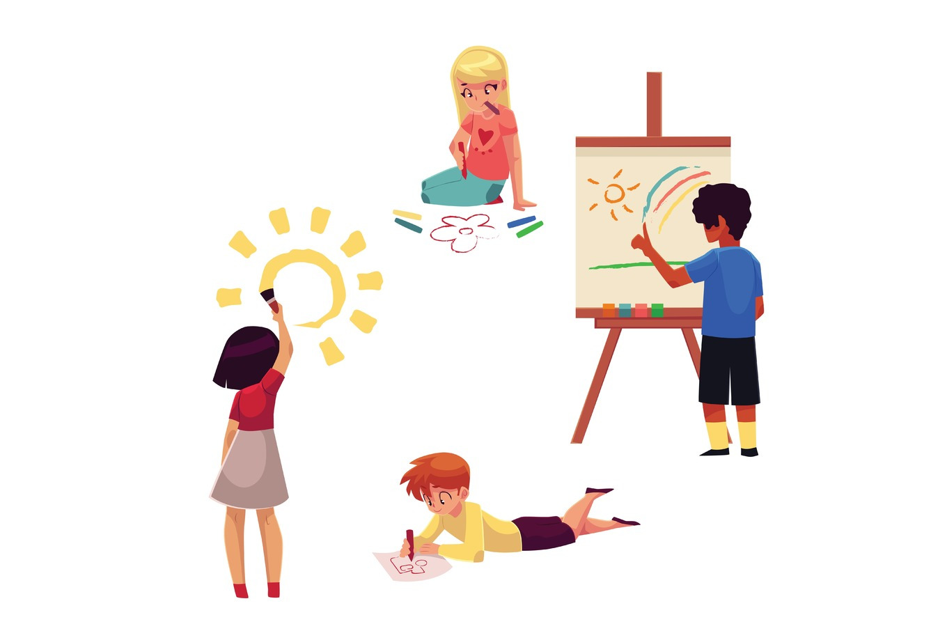 Kids drawing with pencils, crayons, paints, fingers, standing, sitting ...