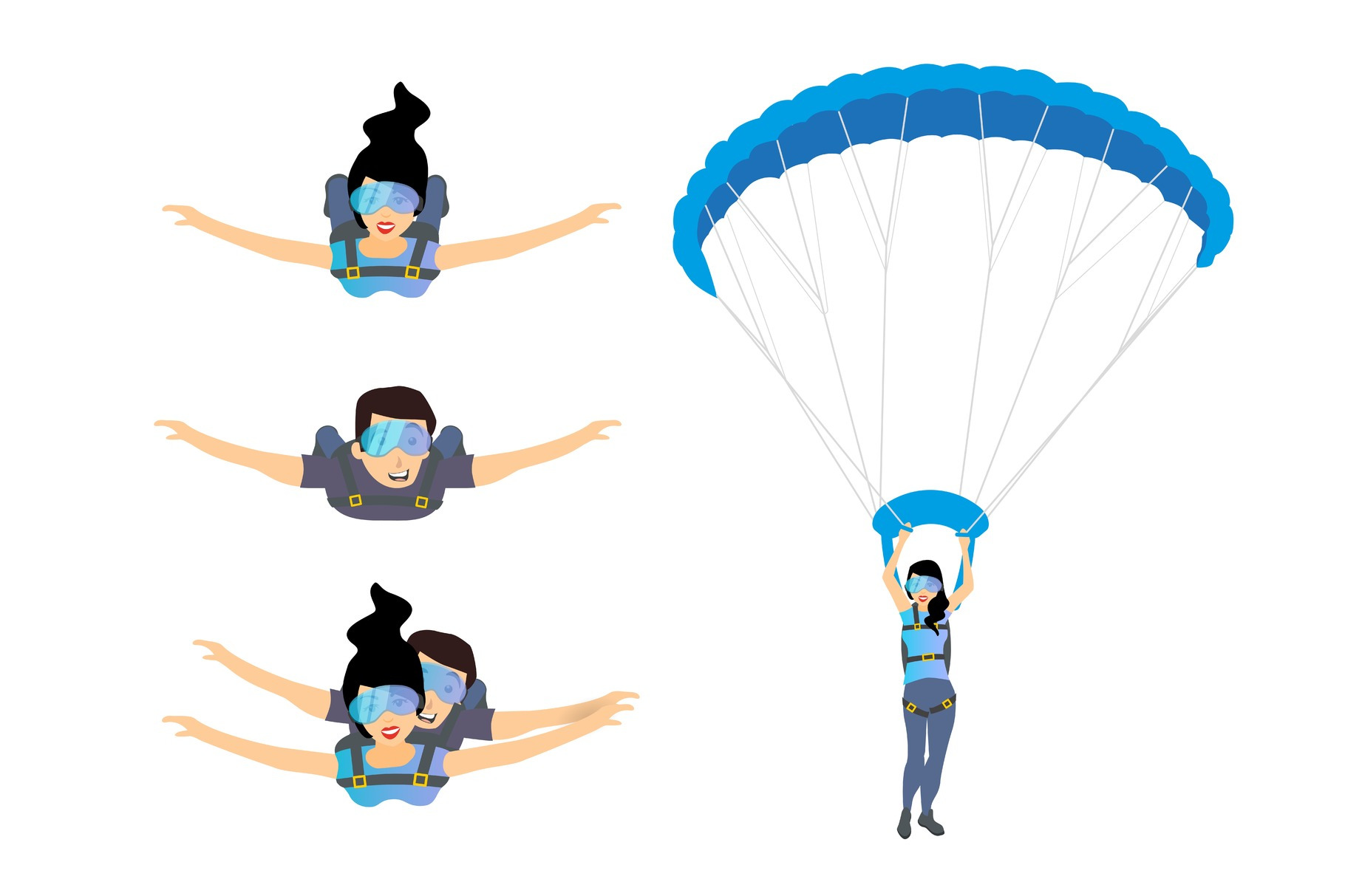 Set of skydivers parachutist characters. Skydiver man and woman flying ...