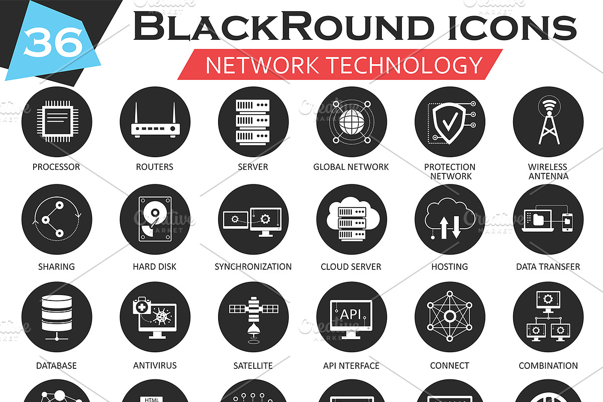 36 Network technology circle icons., an Icon by Lemberg Vector