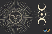 Sun and moon. Engraving, an Illustration by Chikovnaya
