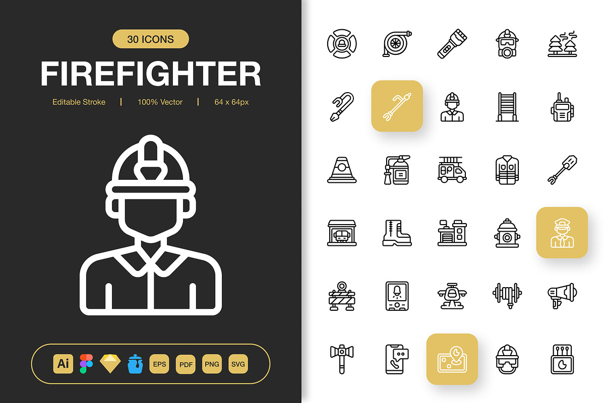 Firefighter Icons, an Outline Icon by Spacepixel Creative