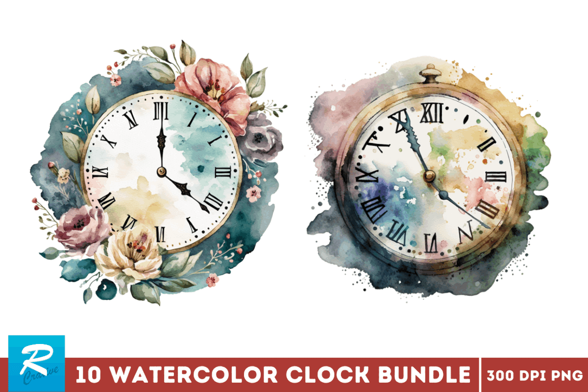 Watercolor Clock Clipart Bundle, an Object Graphic by Regulrcrative