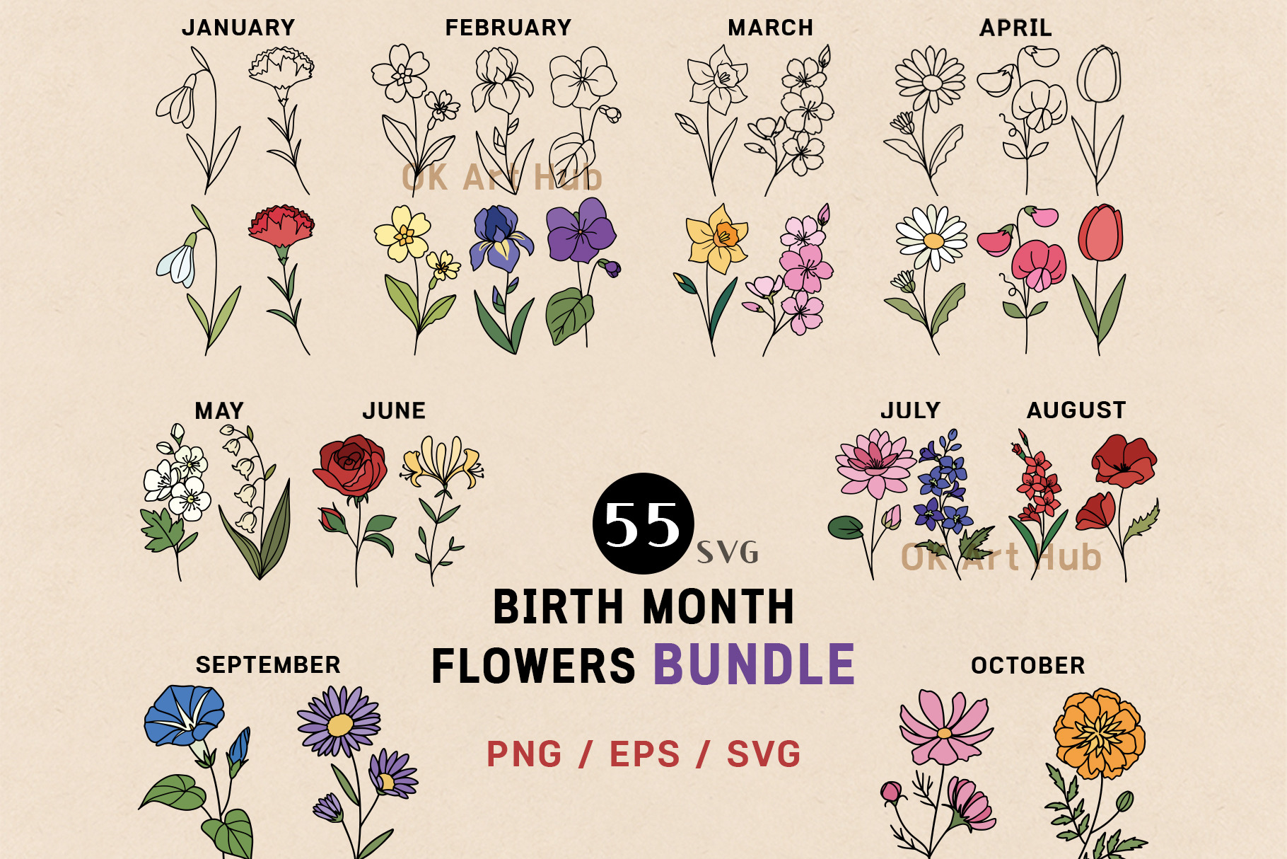 Birth Month Flower Vector-Bundle, a Decorative Illustration by OKArtHub
