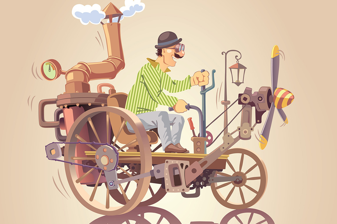 Inventor and his Steam Car, a Technology Illustration by LEKS illustrations