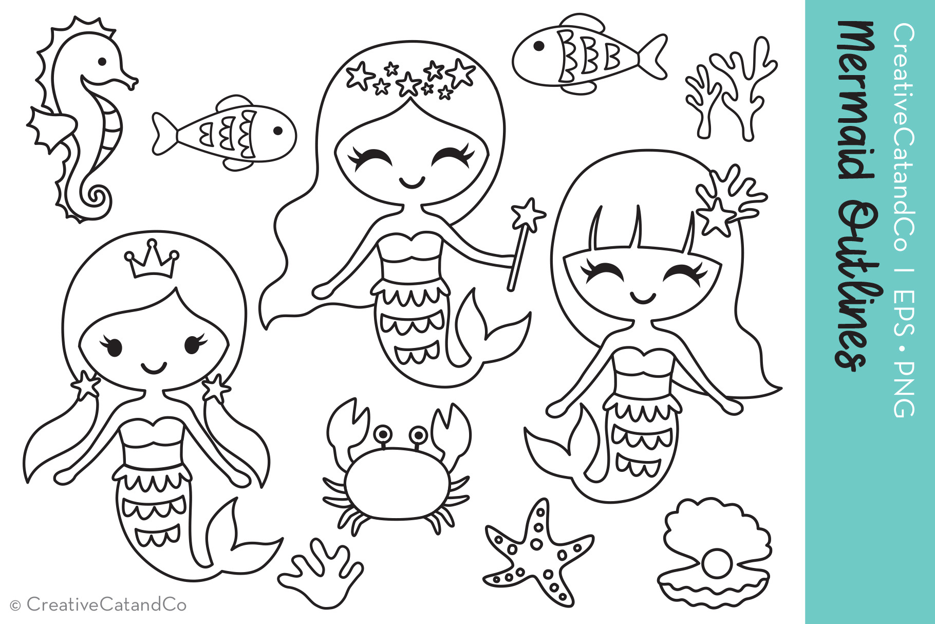Mermaid Outline Vector EPS and PNG | Animal Illustrations ~ Creative Market