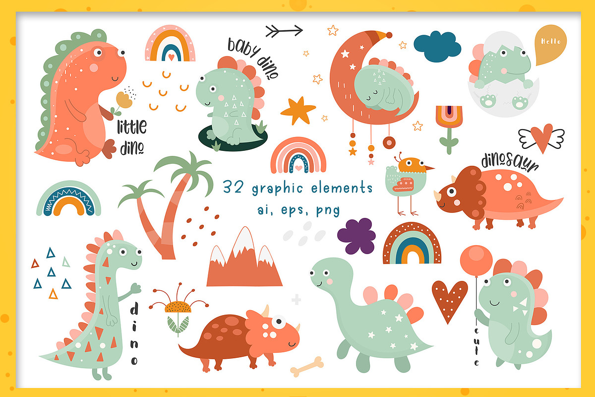 Dinosaur clipart & patterns bundle, an Animal Illustration by Nursery Art