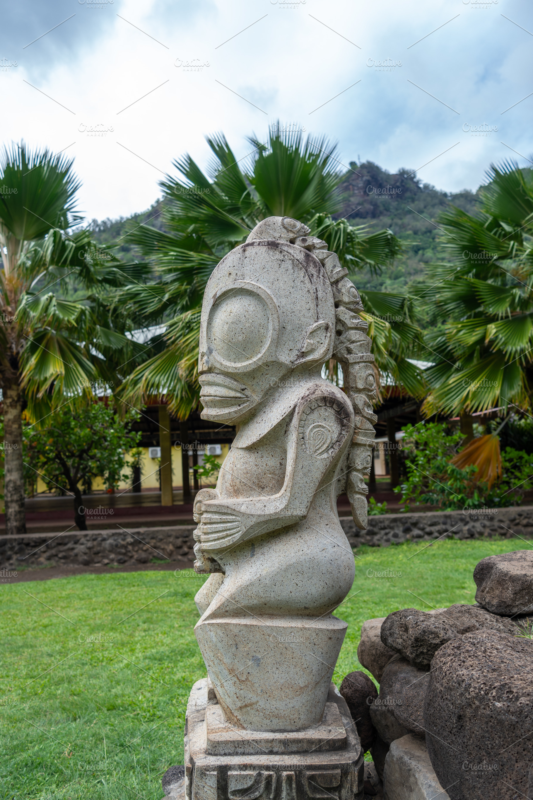 Tiki statue near the Vaitahu church, Tahuata, Marquesas Islands,, a ...