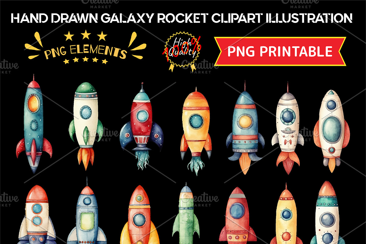 Pack of rocket clipart illustration.