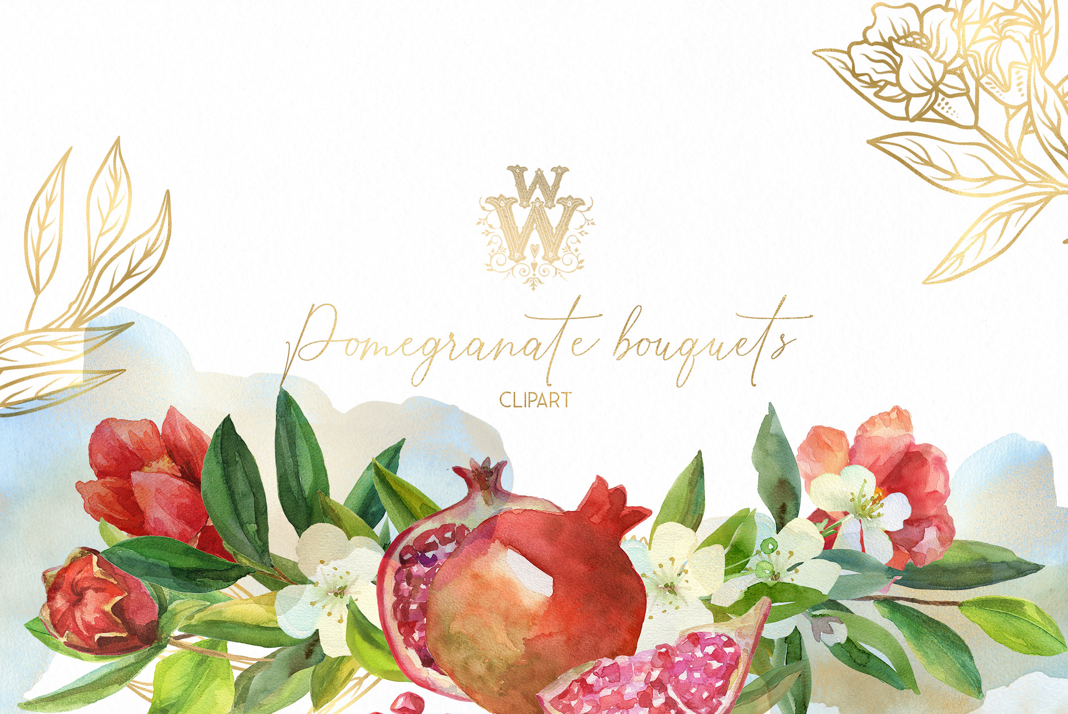 Watercolor pomegranate floral border, a Food Illustration by WonderWonder