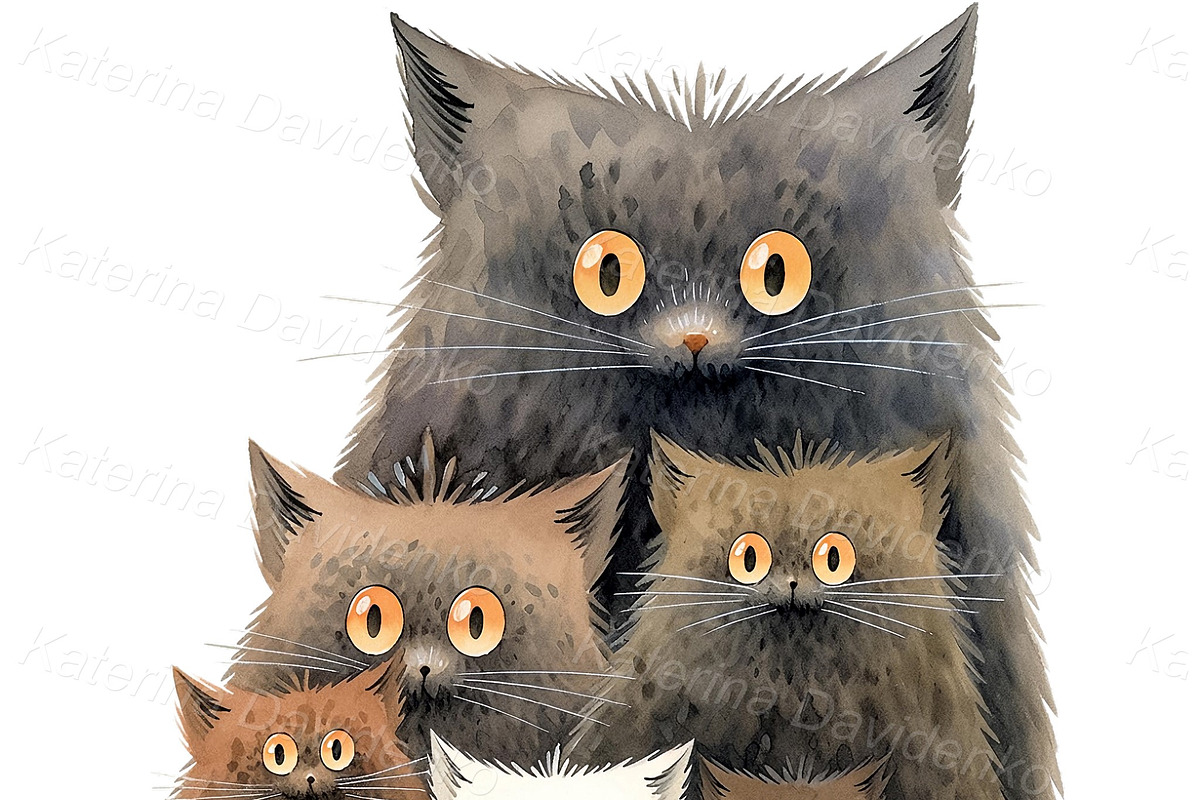 Watercolor cartoon funny cats PNG, an Animal Illustration by Bubert Art