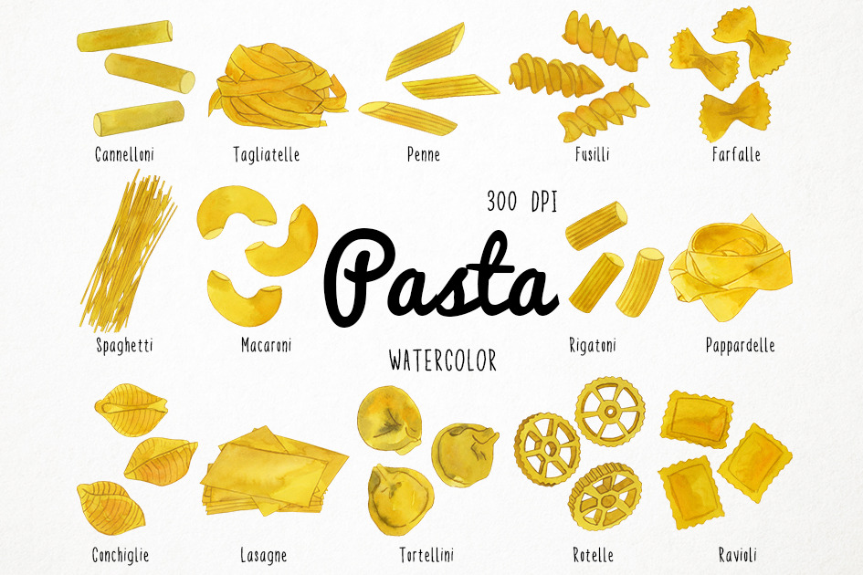 Watercolor Pasta Clipart, Italian, a Food Illustration by Paulaparaula