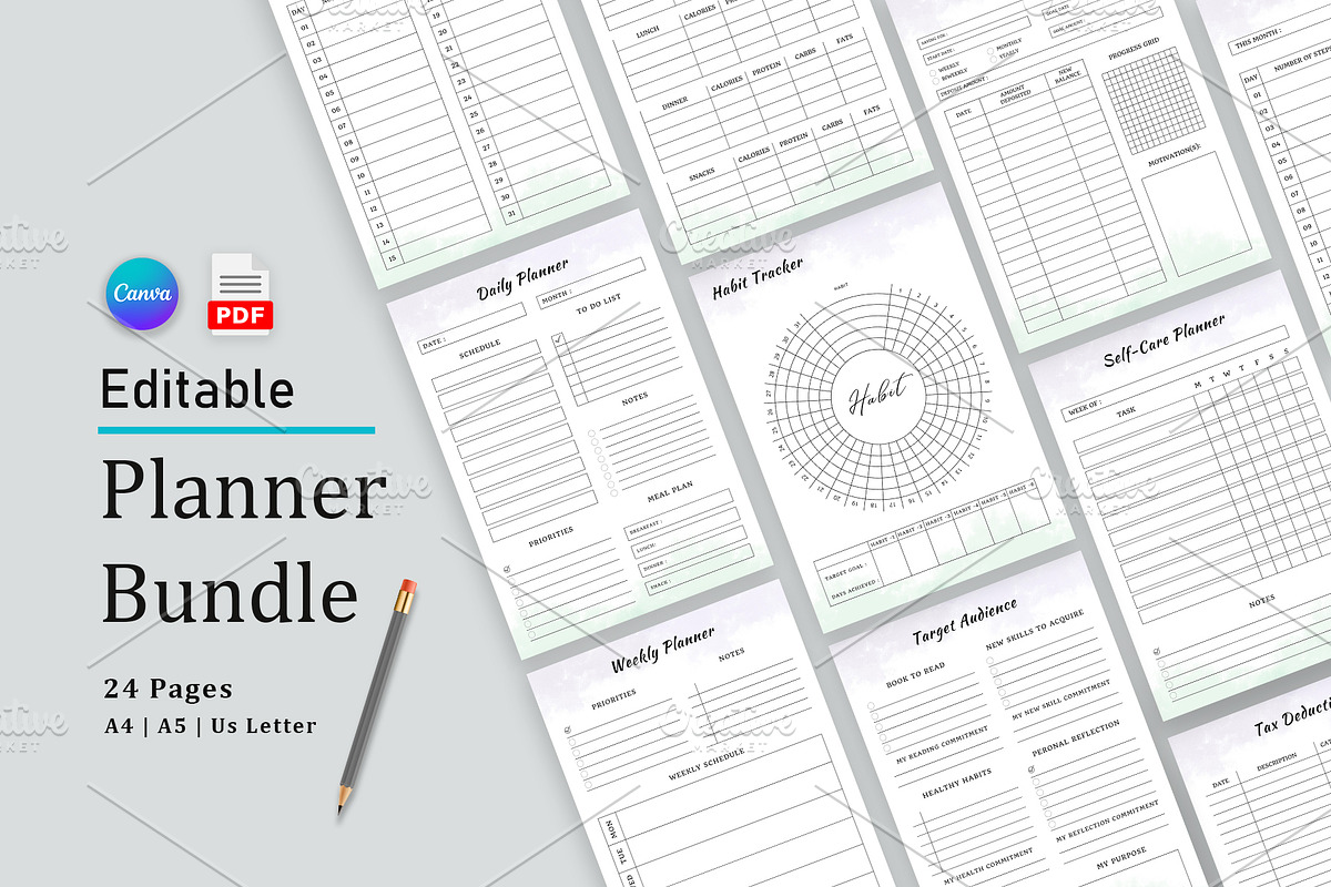 Canva Editable Planner Bundle Pack, a Stationery Template by Design Zone | Creative Market