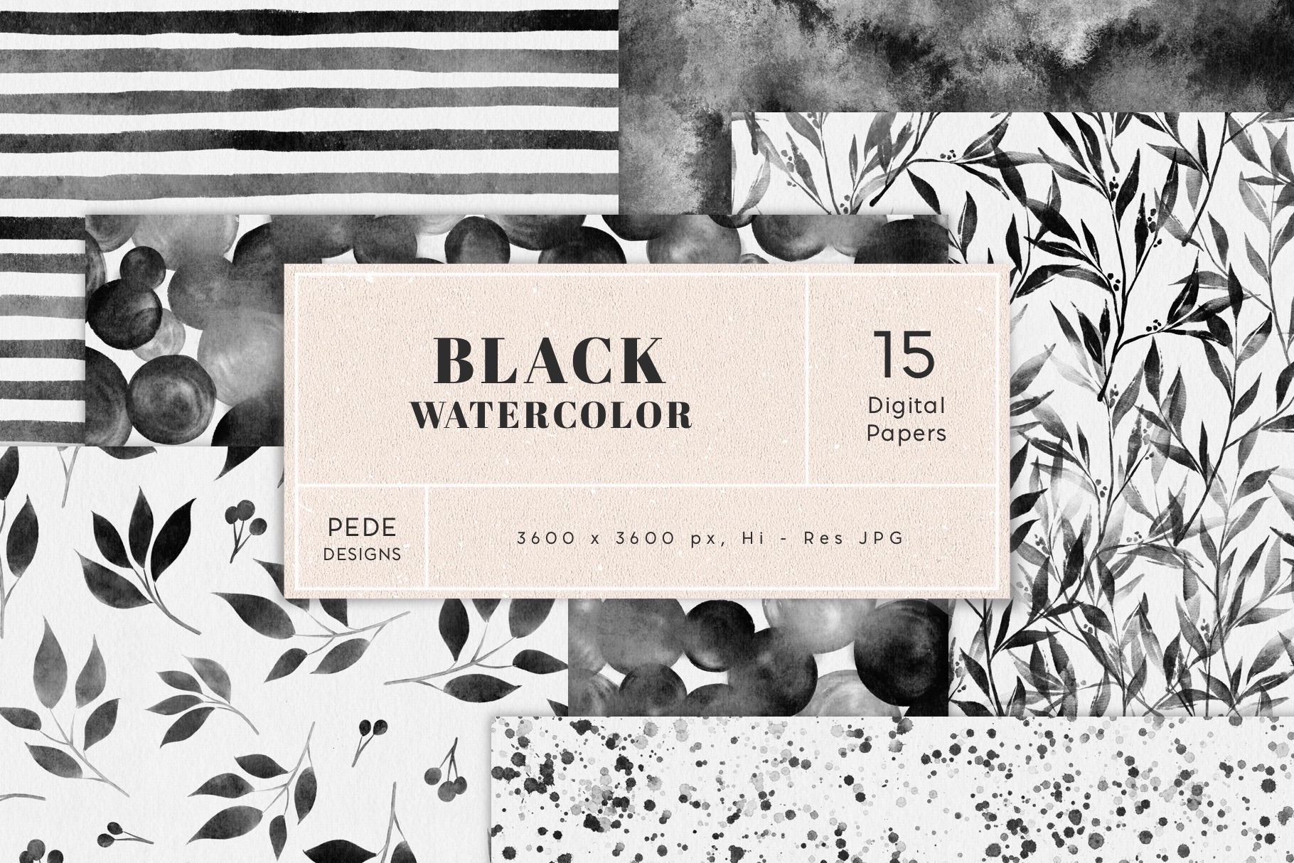 Black Watercolor Digital Papers, a Pattern Graphic by PeDe Designs