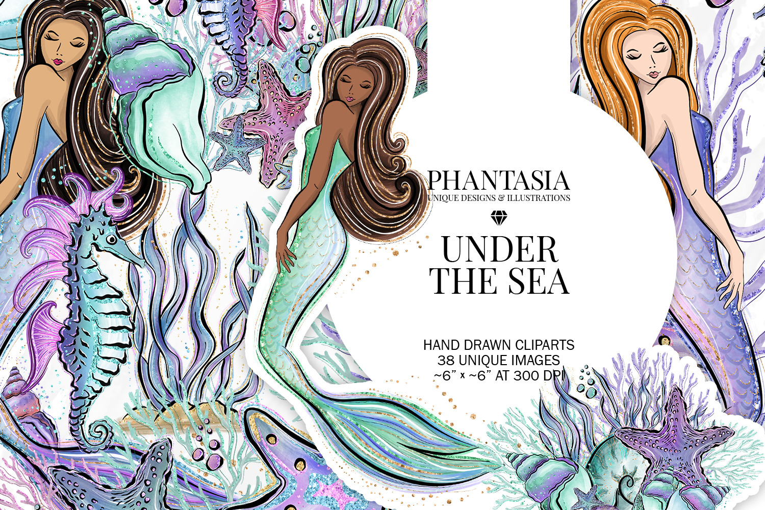 Watercolor Mermaid Clip Art, an Illustration by Phantasia Design